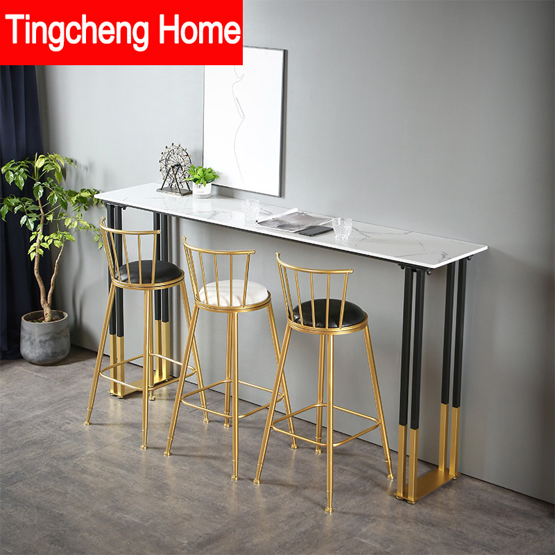 Light luxury marble bar table household black gold iron tea shop high ...