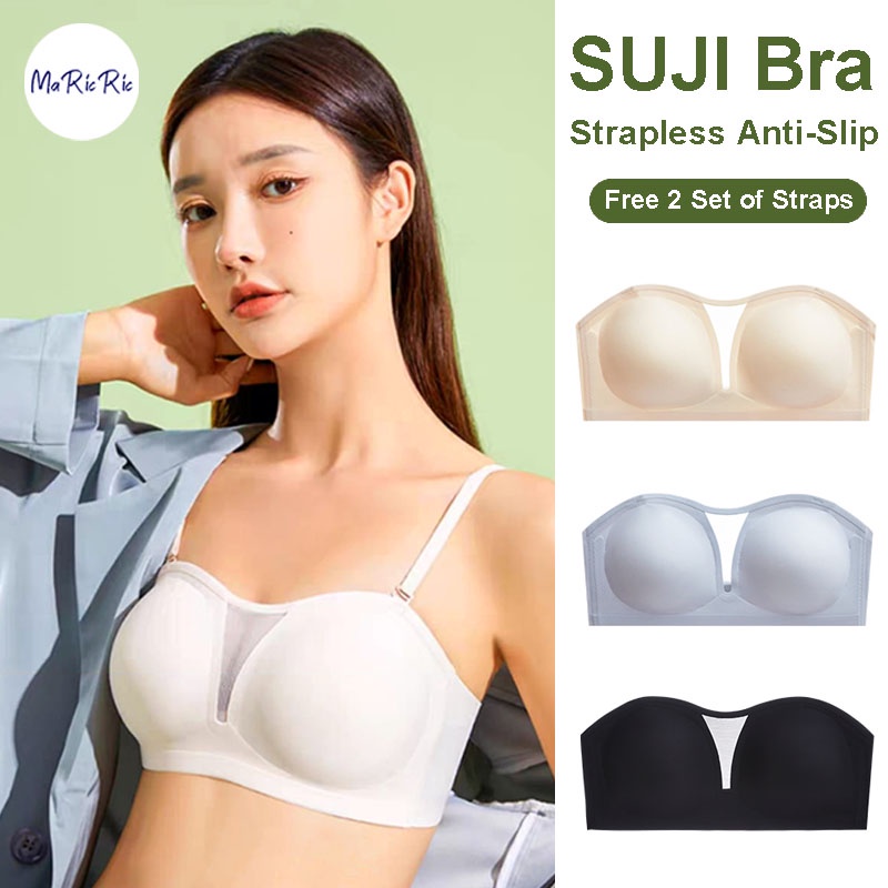 (SG InStock) Ma Ric Ric Strapless V Neck Mesh Anti- Slip Thin Pad Latex Bra (Seamless. Strapless ...