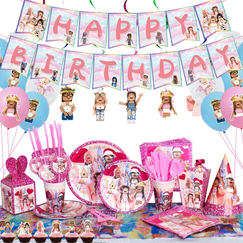 Jom Party Pink Girl Robux Roblox Happy Birthday Banner Latex Balloon ...