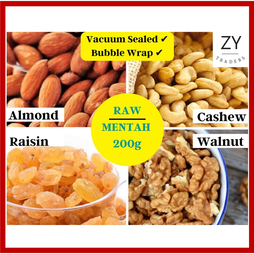 Raw Almond Cashew Raisin Walnut Badam Gajus Kismis Kenari Mentah Kacang ...