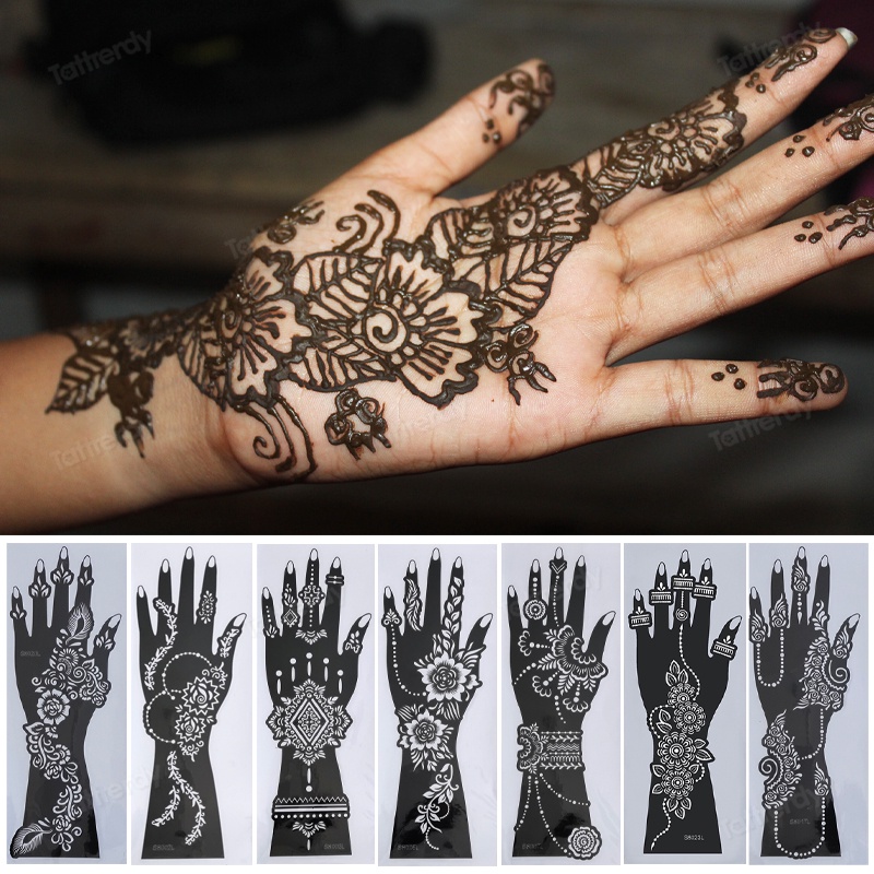 1Pair Henna Stencils Reusable Full Hand Finger Tattoo Template Wedding ...