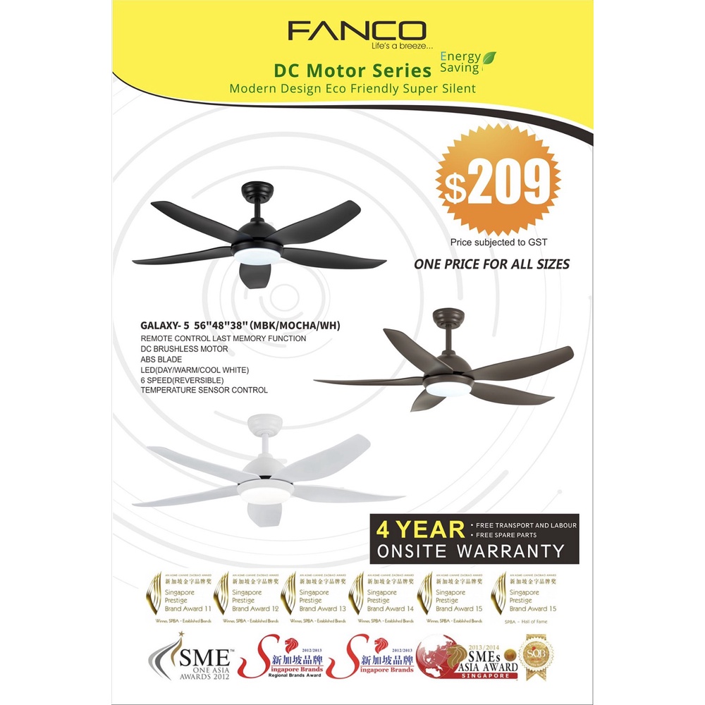 FANCO Galaxy-5 DC Motor 38"/48"/56" Ceiling Fan with 3 Tone 24W LED ...