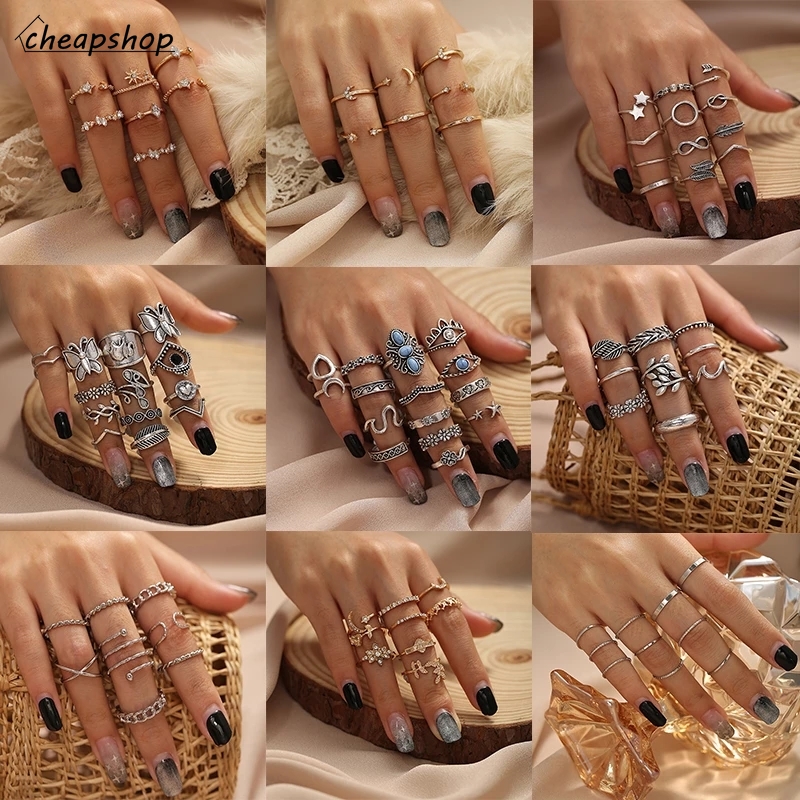 Retro Gold Silver Color Ring Set Bohemian Butterfly Leaves Star Moon ...