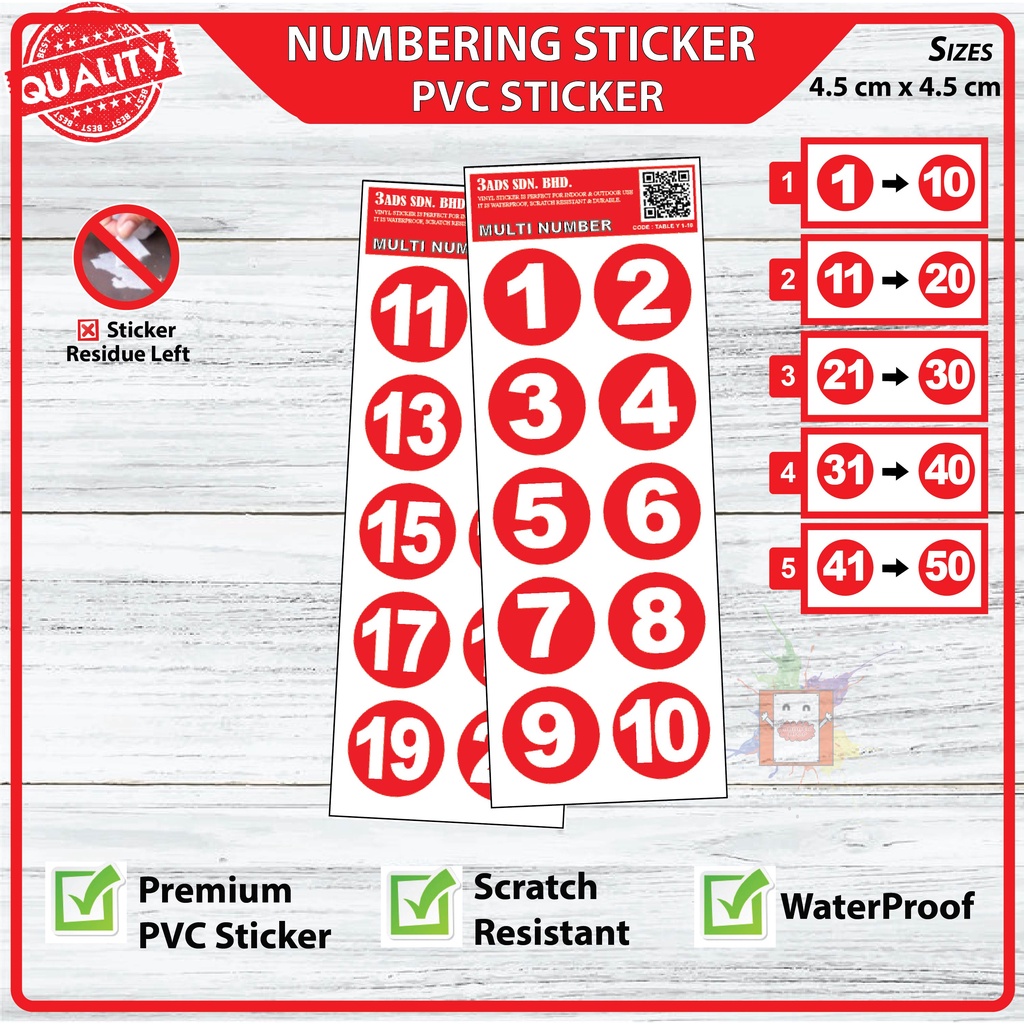 Table Number Stickers, Numbering Waterproof PVC Sticker, Pelekat Stiker ...