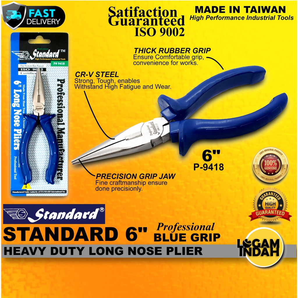 STANDARD 6" HEAVY DUTY BLUE GRIP LONG NOSE PLIER P-9418 / PLAYA MULUT ...