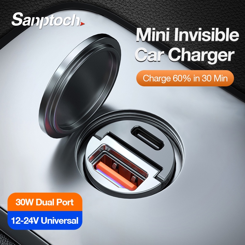 Sanptoch Mini Invisible Car Charger Adapter 60W Fast Charging USB Type C PD30W + QC3.0 Dual Port ...