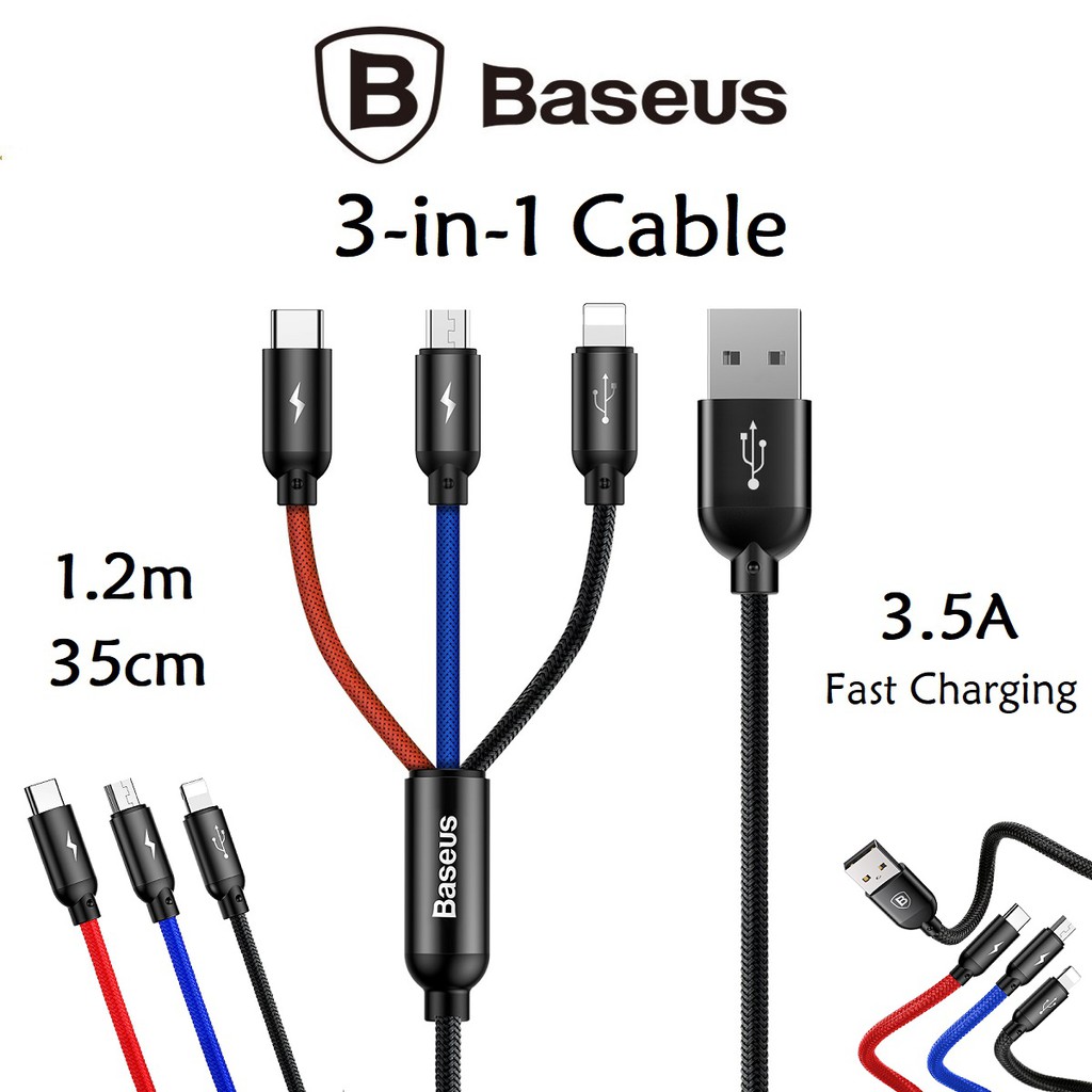 Baseus Three Primary Colors 3-in-1, 3.5A Fast Charge Cable Lighting ...