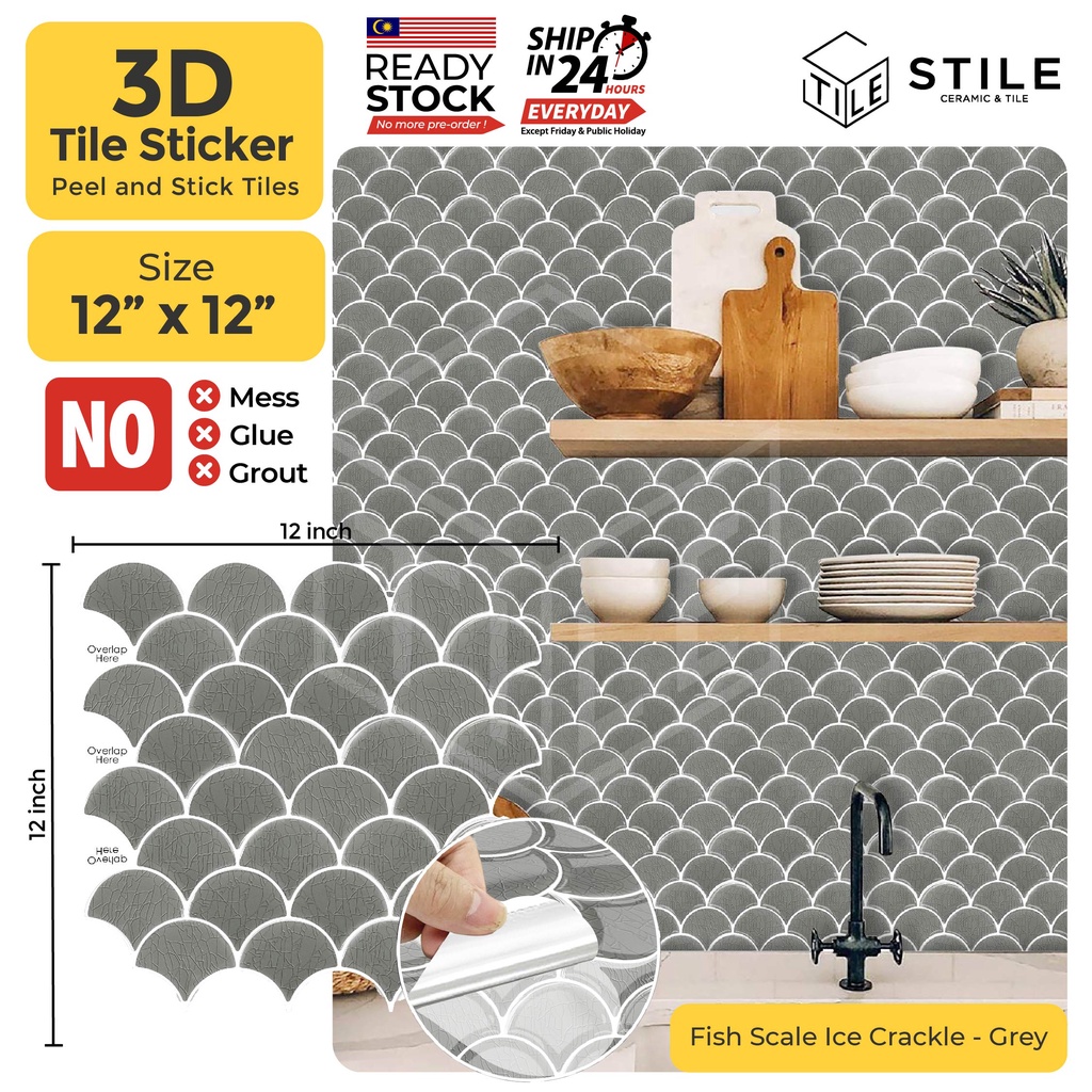 Fish Scale Grey 3D Tiles Sticker Kitchen Bathroom Wall Tiles Sticker ...