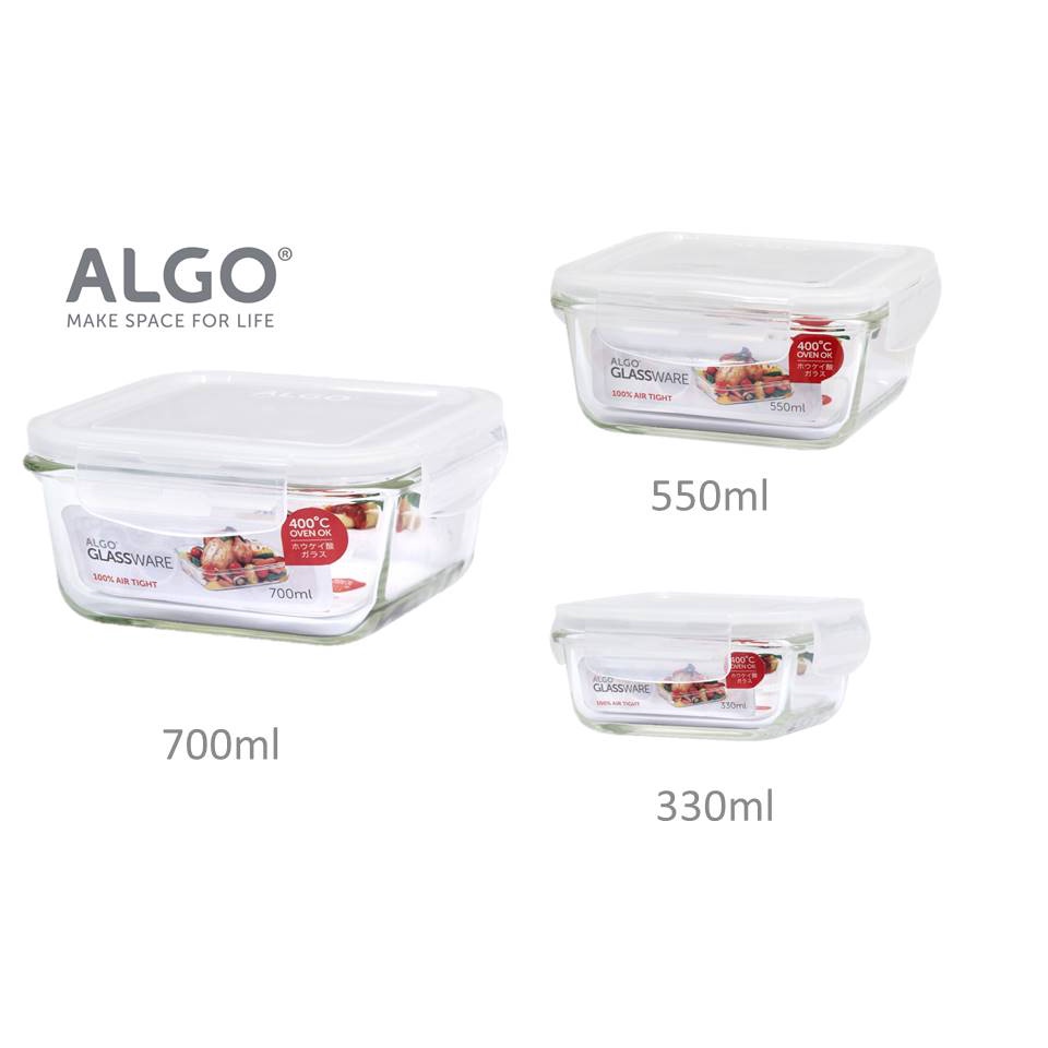 ALGO Square Glass Food container set, salad box, overnight, fruit, food ...