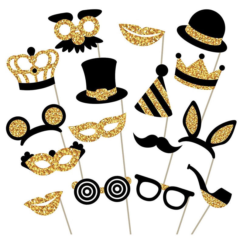 16 pcs Gold Photo Booth Props Set Fully Assembled, No DIY Required Mix ...