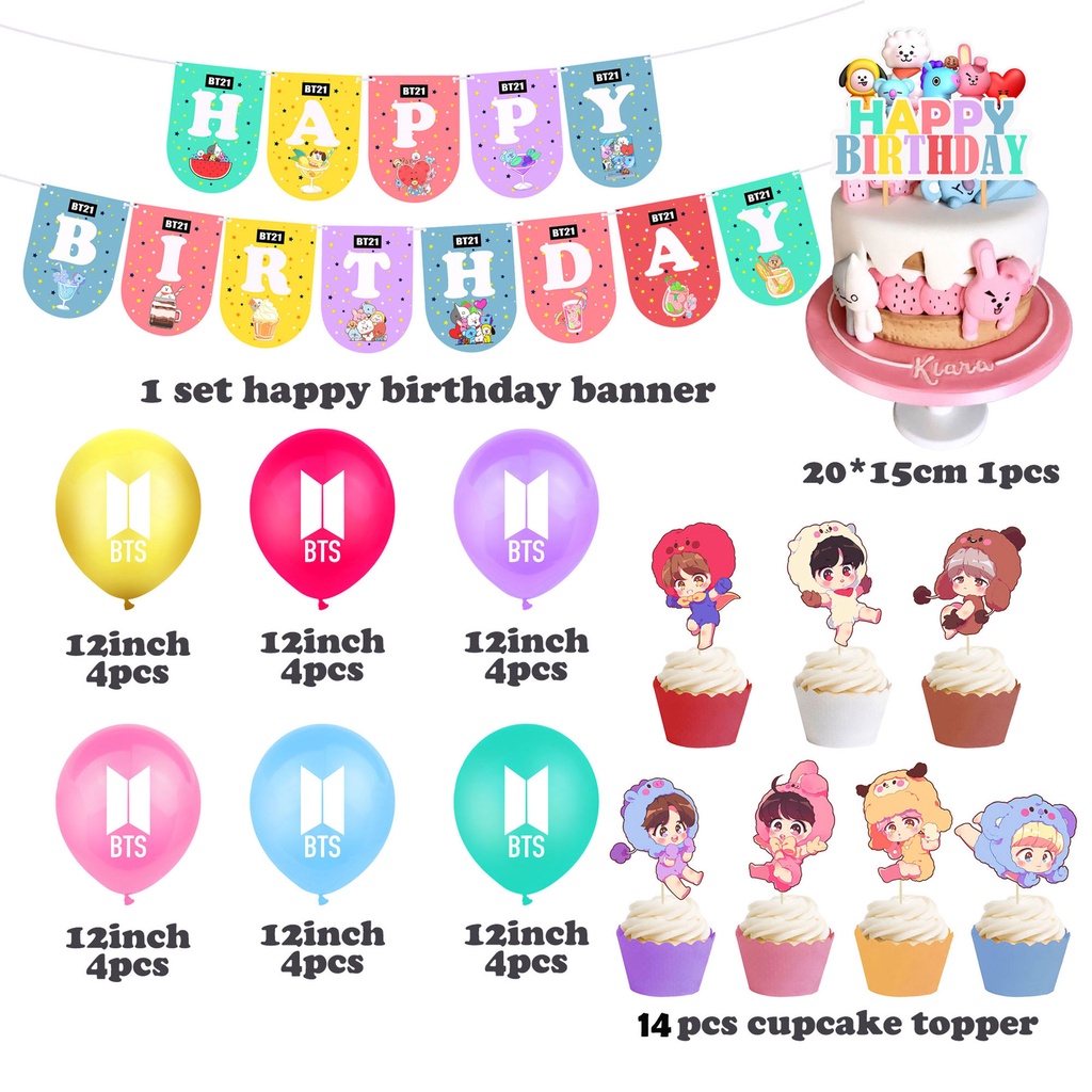 BTS birthday theme Banner BT21 Chimmy Shooky Cake insert Latex balloons ...
