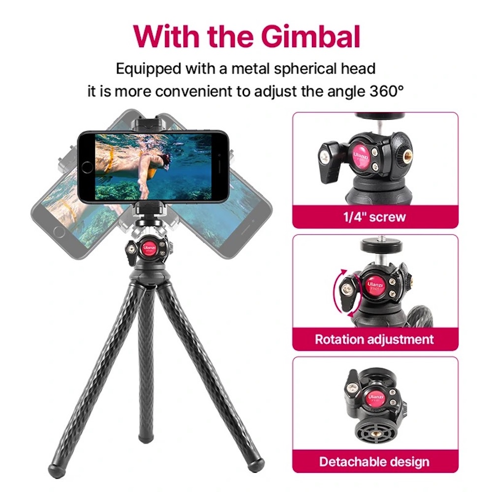 ULANZI FT-01 Flexible Octopus Tripod Gorillapod with Phone Holder Clip Ballhead Mount for Mobile ...
