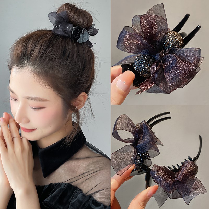 Korean Bow Hairpin with Teeth Female Bow Bun Hair Claw Clip Ribbon Bow ...