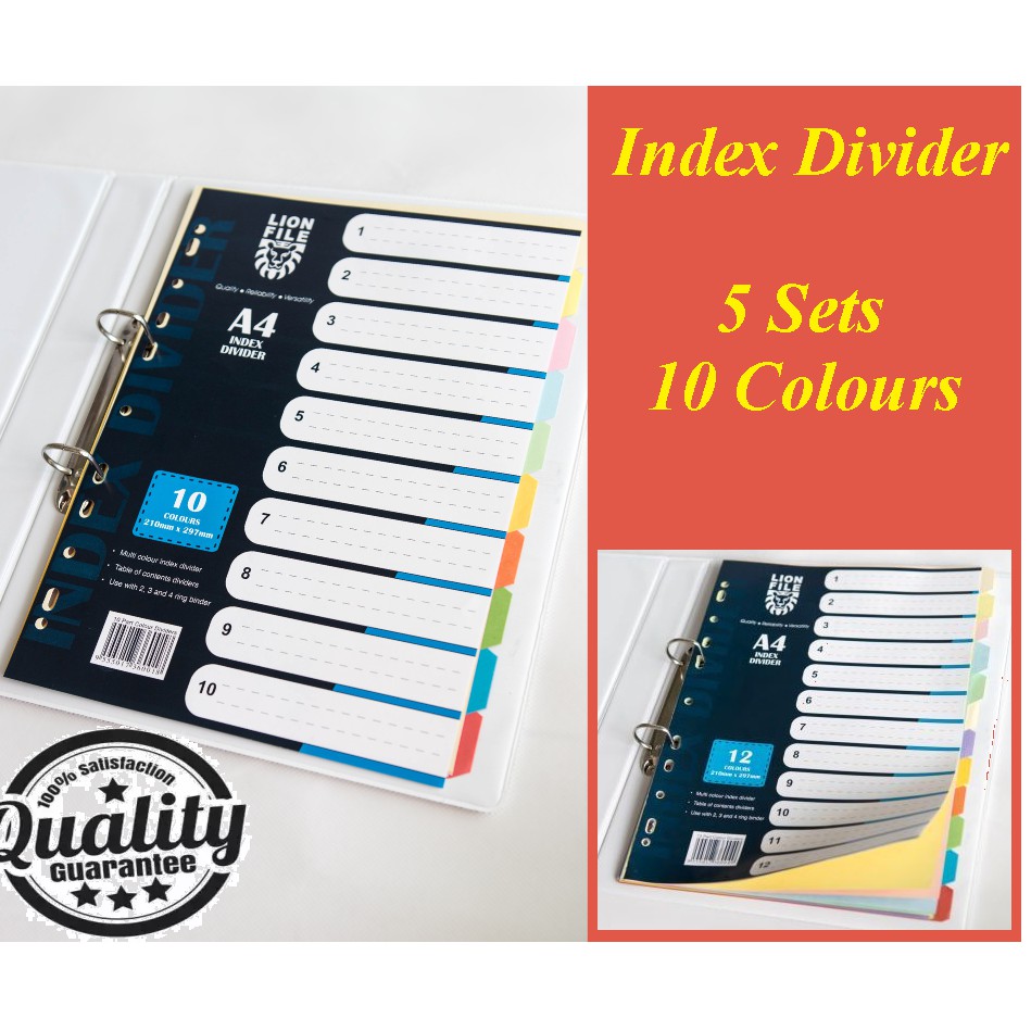 A4 Index Divider 10 Colours card - LION FILE~2 pkt | Shopee Singapore