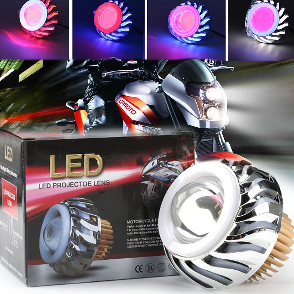 1X Motorcycle Headlight LED Projector Lens Dual Color Halo Angel Devil ...
