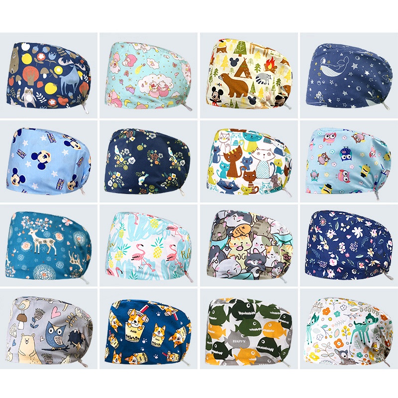 Nurse Hat Round Cap Cute Pure Cotton Elastic Band Printed Surgical ...