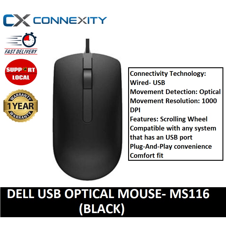 Dell USB Optical Mouse MS116 (Black) 570-AAJK Dell Mouse Wired Dell ...