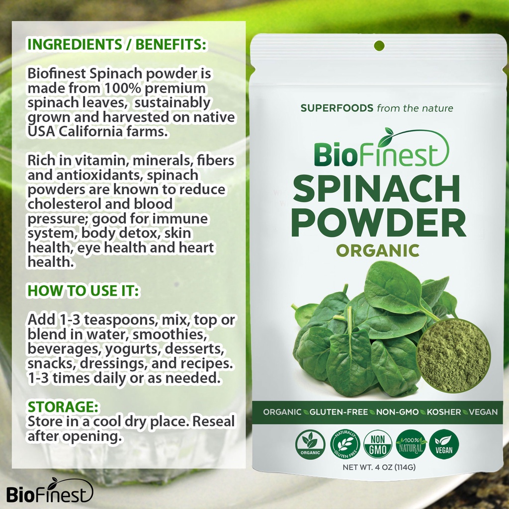 Biofinest Spinach Powder Pure Freeze Dried Superfood 4 oz | Shopee ...