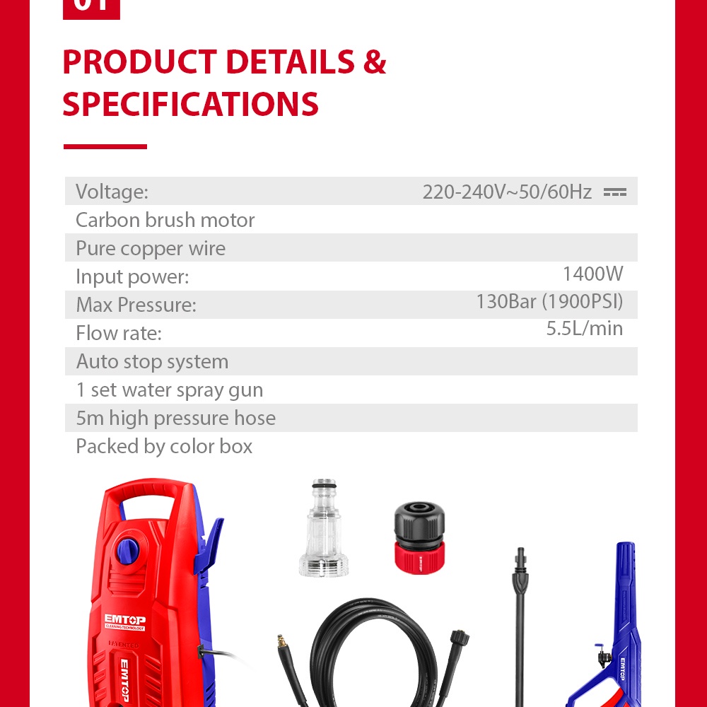 EMTOP 1400W High Pressure Washer With 1 Set Water Spray Gun,5m High Pressure Hose ,Cleans Cars ...