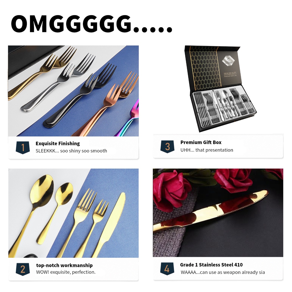 Premium Grade 1 Stainless Steel 410 Cutlery / Utensils Gift Set (16pcs ...