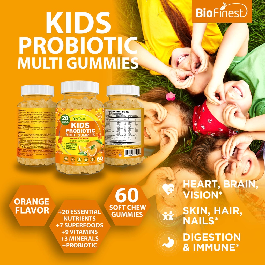 Biofinest Kids Probiotic MultiVitamins Green Superfood Gummy Supplement ...
