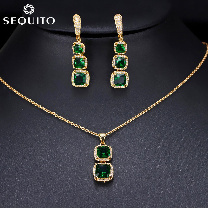 SEQUITO Yellow Gold Color Top Quality Women Jewelry Set Square Drop ...