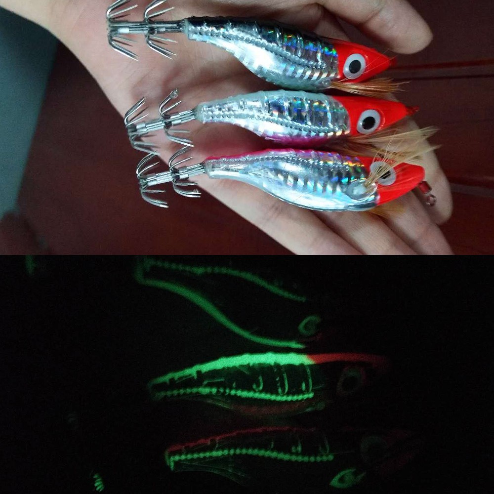 HENGJIA 8 Colors Luminous Shrimp Bait Squid Jig Hook 9g/10cm Big Eyes ...