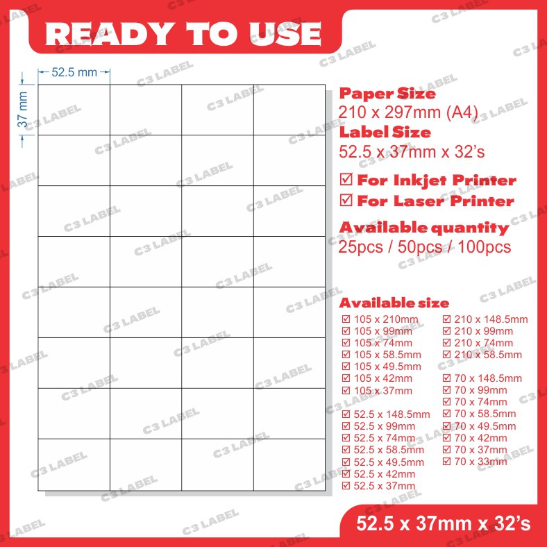 A4 Size Pre Cut Blank Sticker / A4 - White Sticker (52.5 x 37 x 32’s ...