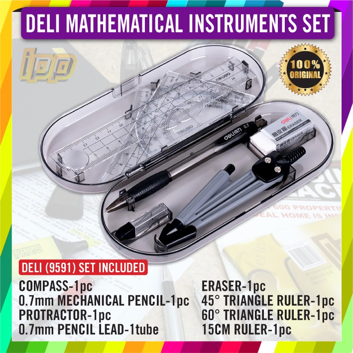 DELI MATHEMATICAL INSTRUMENTS SET / Drawing Compass Complete Math Tool ...