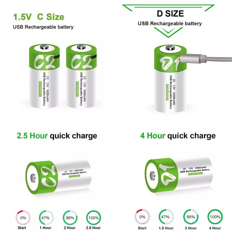 SMARTOOOLS C2 5000mwh 1.5V D Size 12000mwh Li-ion Rechargeable Battery ...