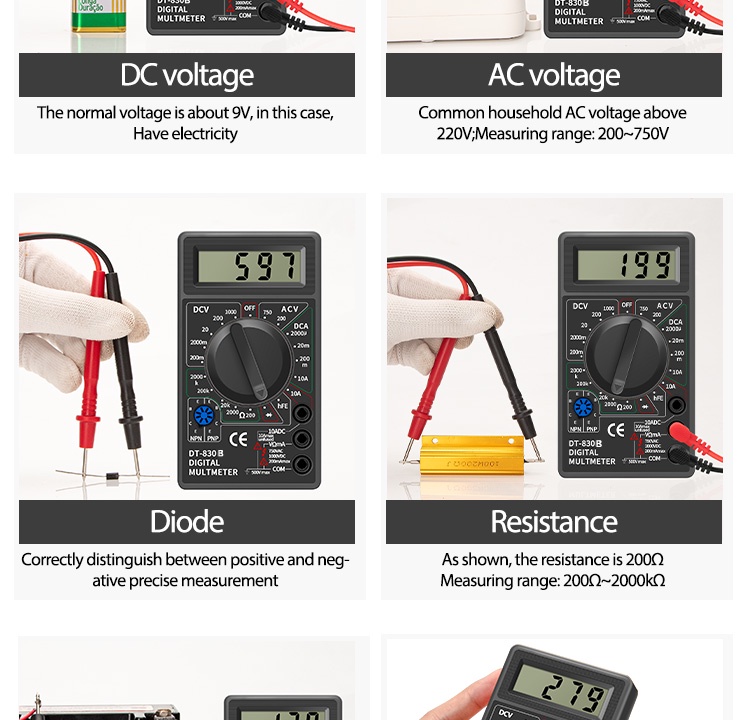 DT830B AC/DC LCD Digital Multimeter Mini Voltmeter Ammeter Ohm Tester ...