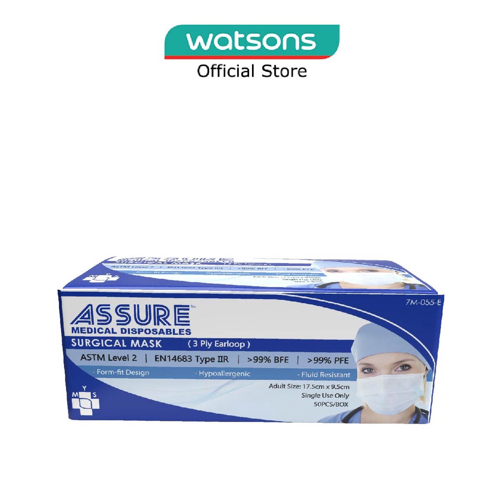 ASSURE 3ply Surgical Disposable Face Mask Earloop Adult (BFE >99% + PFE ...
