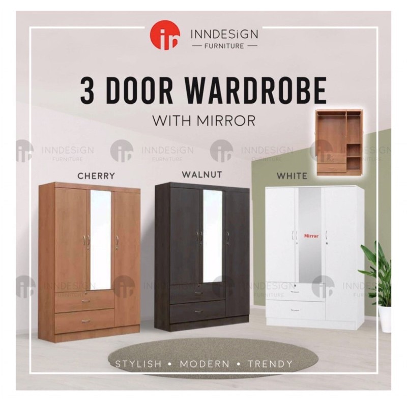 4FT 3 DOORS WARDROBE WITH MIRRO AND DRAWER (FREE DELIVERY AND ...