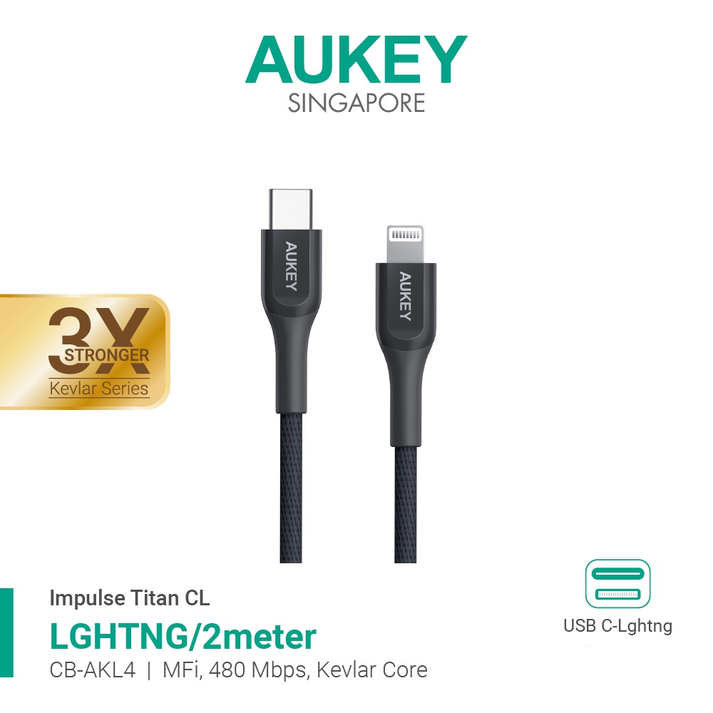 AUKEY CB-AKL4 2M Kevlar Core USB C to Lghtng Cable Black MFI For Ap iP ...