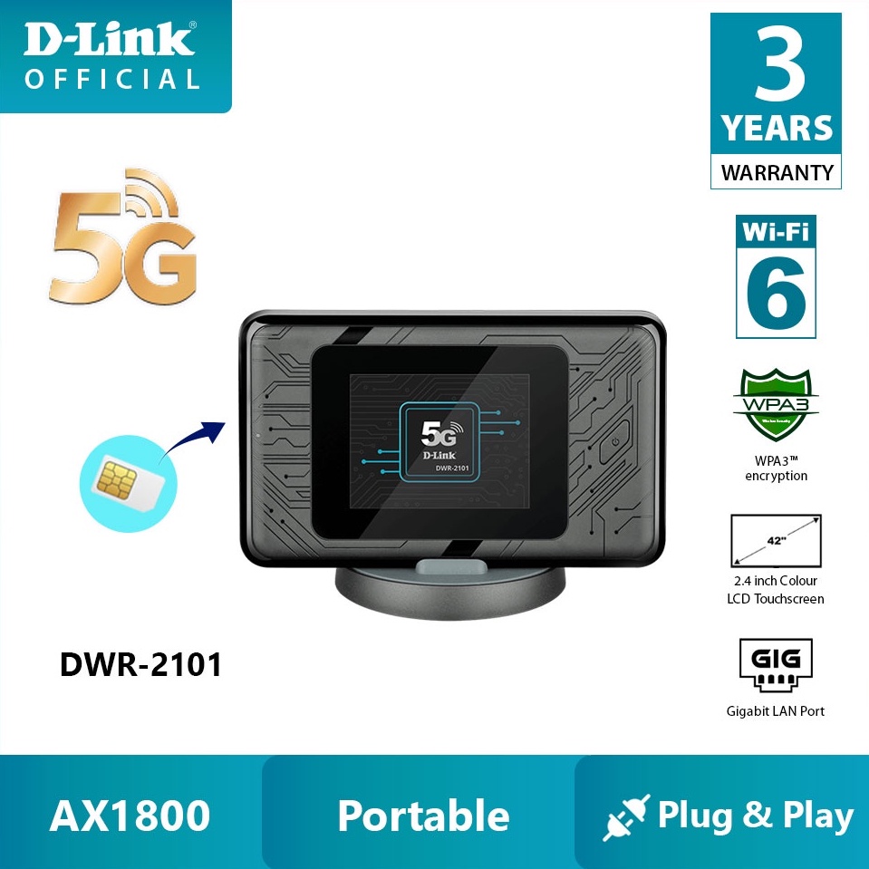 D-Link DWR-2101 5G/4G LTE AX1800 Wi-Fi 6 (WiFi 6) Mobile Hotspot ...