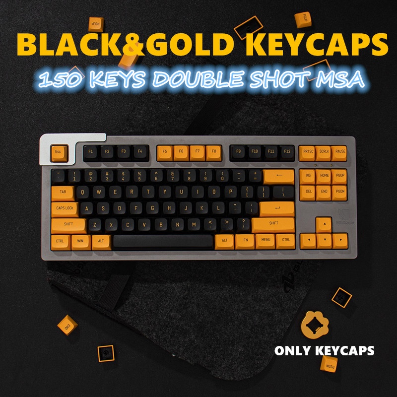 150Keys Black&Gold Keycaps MSA Profile Double Shot For Mechanical ...