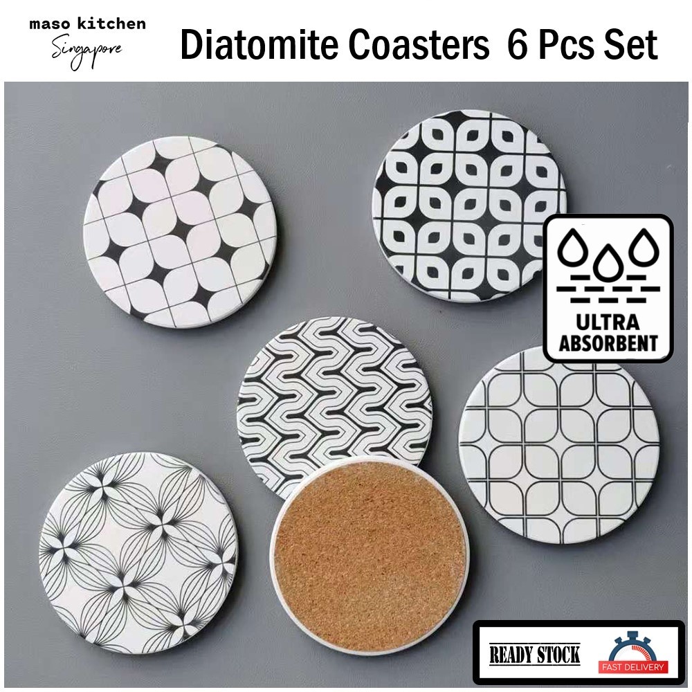 Diatomite Coaster Set - Fast Absorption, Non Slip Cork Base, High Heat ...