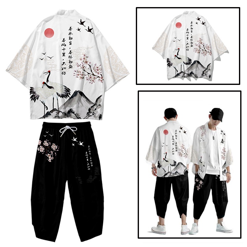 Two-piece Suit Plus Size S-5XL Loose Japanese Cardigan Women Men ...