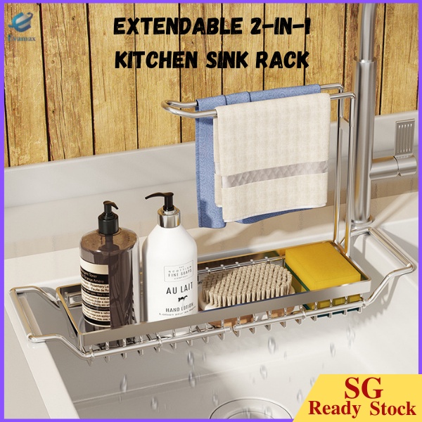 2-In-1 Extendable Kitchen Sink Rack With Cloth Hanging Rod | Shopee ...