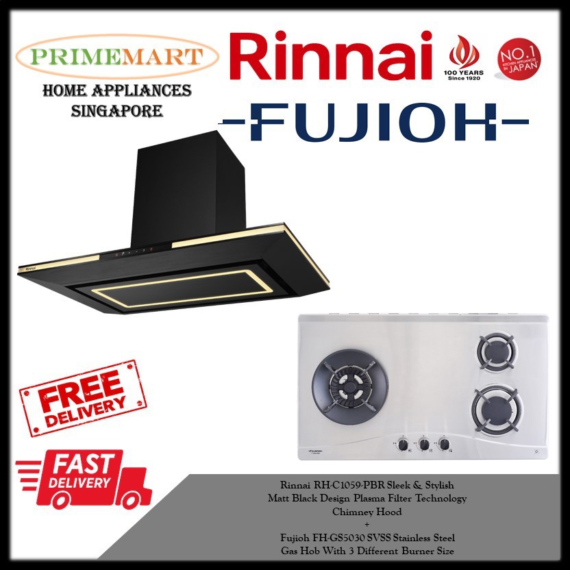 Rinnai RH-C1059-PBR Chimney Hood + Fujioh FH-GS5030 SVSS Stainless Steel Gas Hob BUNDLE DEAL ...
