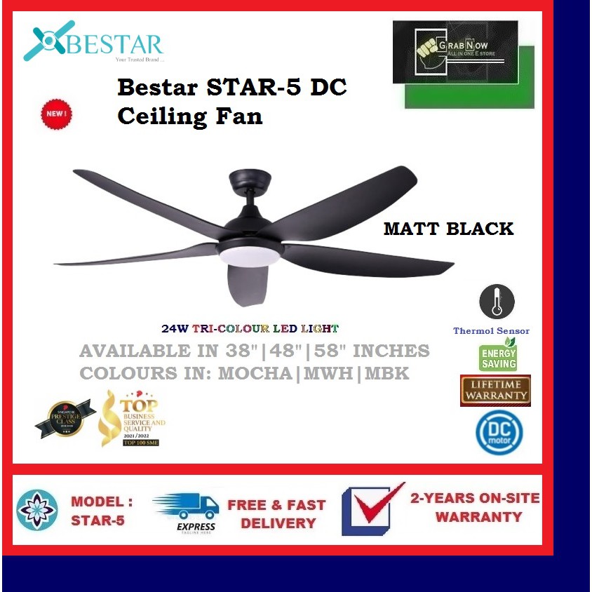 Bestar STAR-5 DC ( MOCHA , MATT WHITE, MATT BLACK ) Ceiling Fan with ...