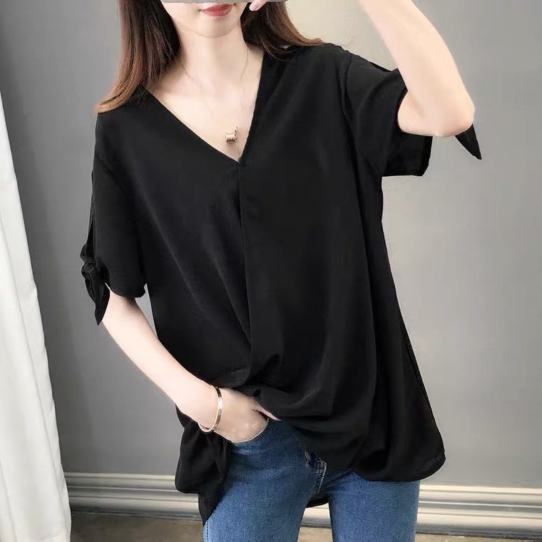 【40 150kg】 Women V Neck Short Sleeved Chiffon Blouse Plus Size Plain
