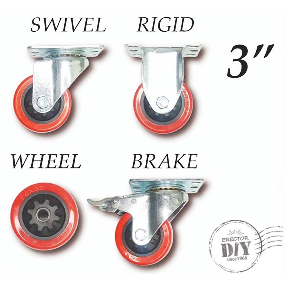 PIPE & JOINT 3'' (75mm) HEAVY RED PU SWIVEL/RIGID/BRAKE CASTOR/CASTER ...