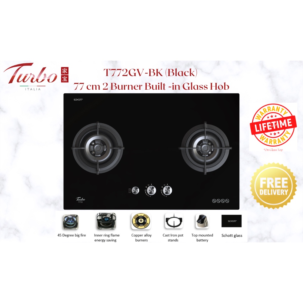 Turbo Italia - Turbo Incanto T772GV-BK 77cm 2 burners built-in glass hob | Shopee Singapore