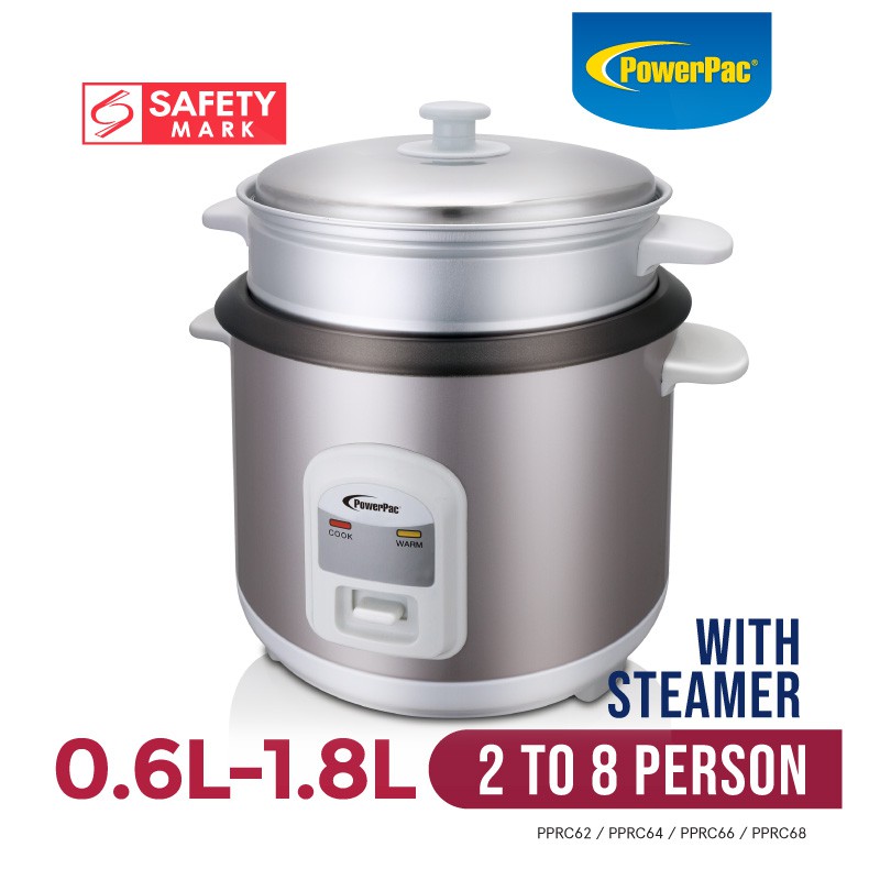 PowerPac Rice Cooker with Steamer 0.6L/1.0L/1.5L/1.8L(PPRC62/PPRC64 ...