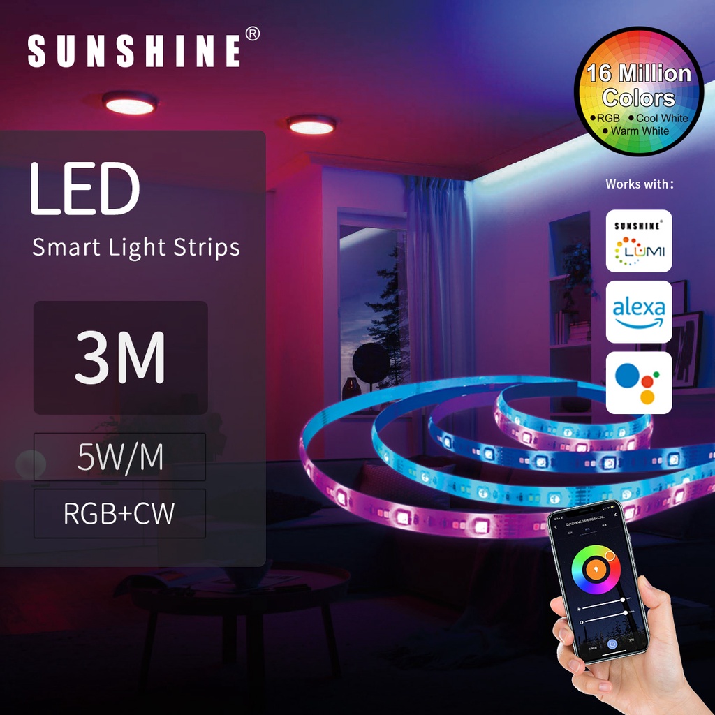 SUNSHINE LUMI Smart LED Light Strip 3M 1M RGB+CW Dimmable Multi-Colour ...