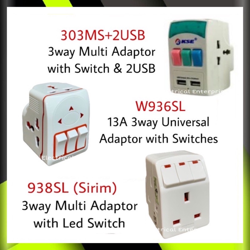 KSE 3 Pin/UK Plug Universal+2USB 3 Way Multi Adapter with ON/OFF Switch ...