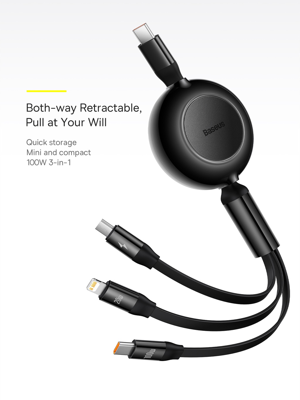 Baseus Retractable 100W 3 IN 1 USB Charge Cable For i14 Samsung Xiaomi ...