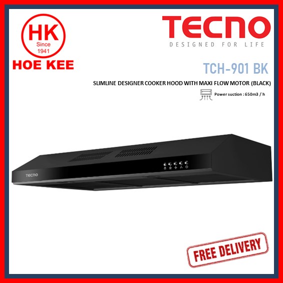Tecno TCH 901 Slim Line Designer Cooker Hood with Maxi-Flow Motor BK/SS ...