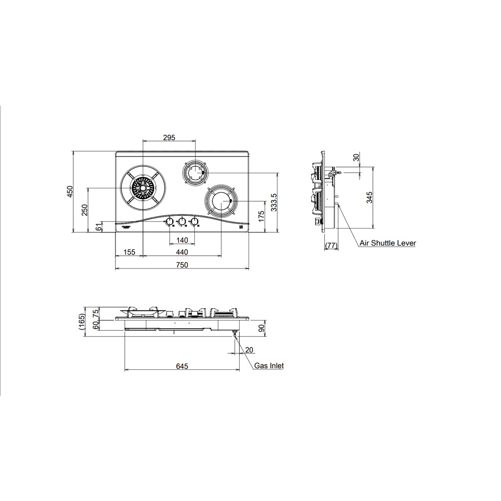FUJIOH FH-GS5035 SVSS GAS HOB WITH 3 DIFFERENT BURNER SIZES - 2 YEARS ...